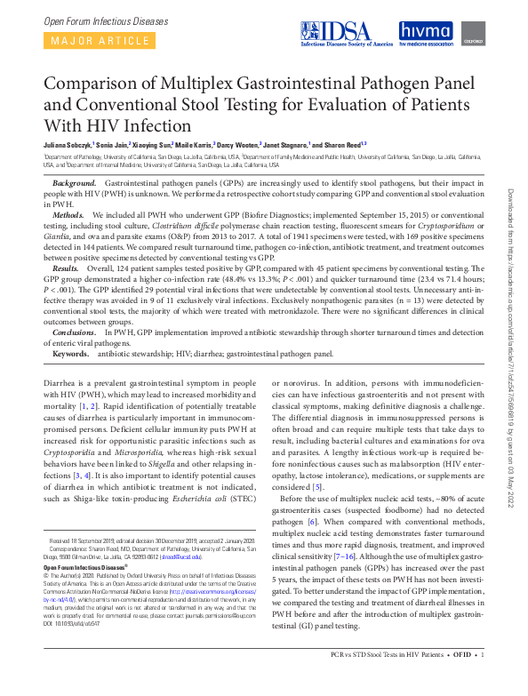 (PDF) Comparison of Multiplex Gastrointestinal Pathogen Panel and ...