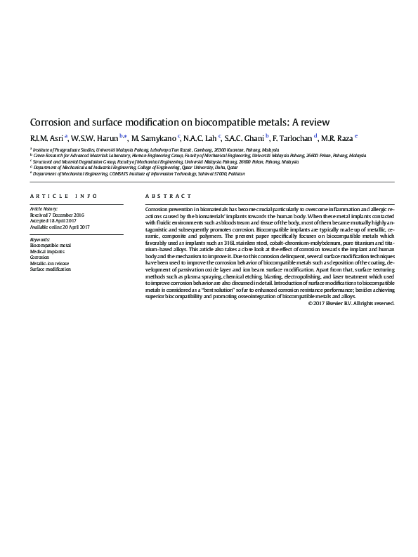 (PDF) Corrosion and surface modification on biocompatible metals: A review