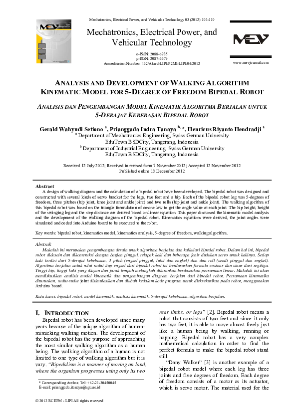 Pdf Analysis And Development Of Walking Algorithm Kinematic Model For