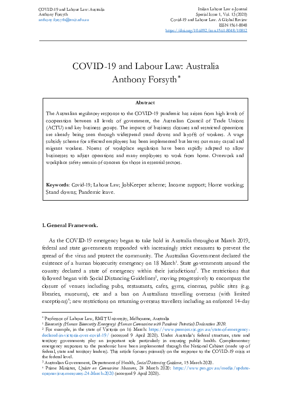 (PDF) COVID-19 and Labour Law: Australia