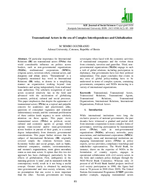 (PDF) Transnational Actors in the era of Complex Interdependence and ...