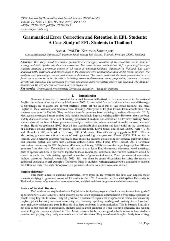 (PDF) Grammatical Error Correction and Retention in EFL Students: A ...