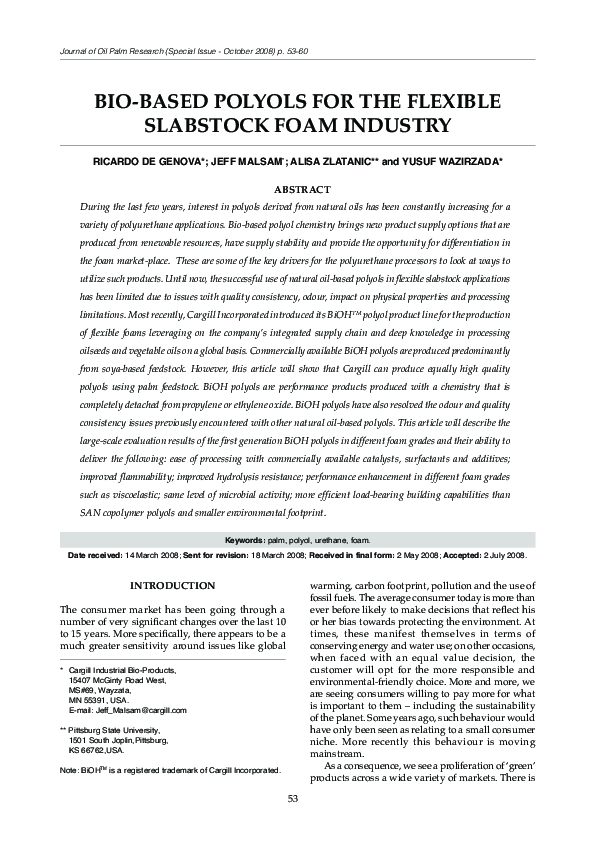 (PDF) Bio-Based Polyols for the Flexible Slabstock Foam Industry