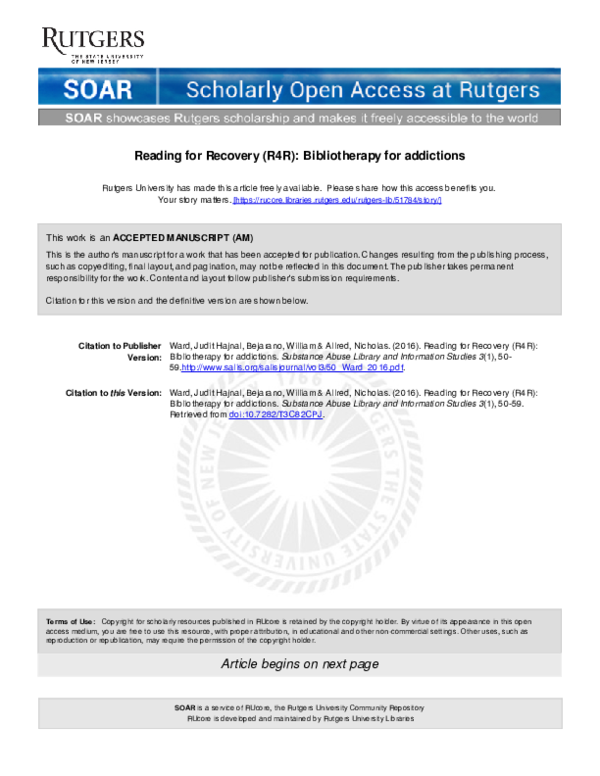(PDF) Reading for Recovery (R4R): Bibliotherapy for addictions