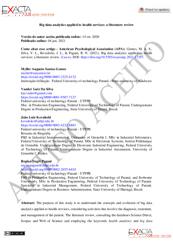 (PDF) Big data analytics applied to health services: a literature review