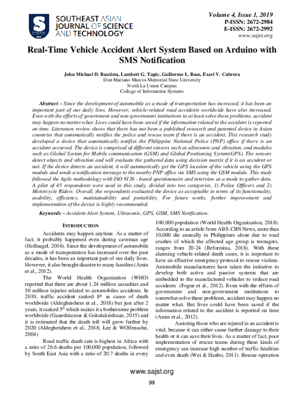 (PDF) Real-Time Vehicle Accident Alert System Based on Arduino with SMS ...