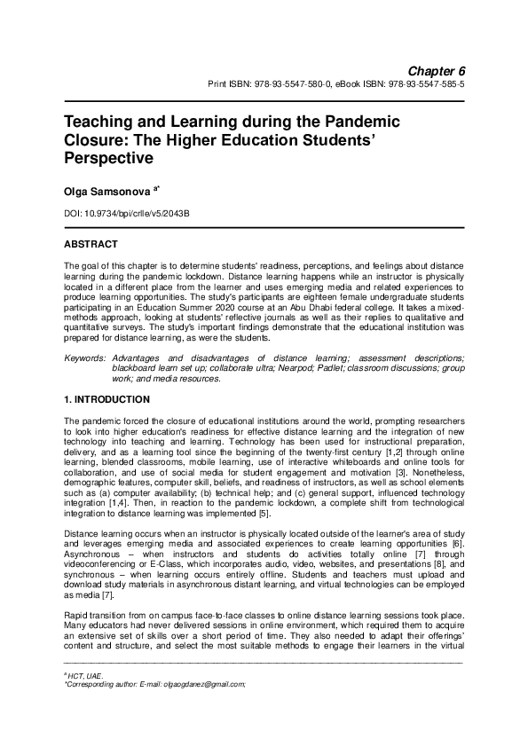 (PDF) Teaching and Learning during the Pandemic Closure: The Higher ...