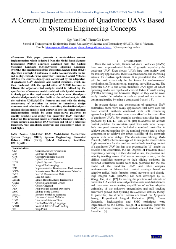 (PDF) A Control Implementation of Quadrotor UAVs Based on Systems Engineering Concepts
