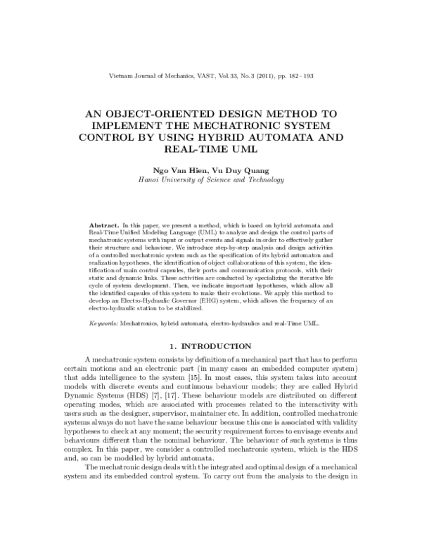 Pdf An Object Oriented Design Method To Implement The Mechatronic System Control By Using