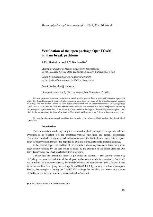 (PDF) Verification of the open package OpenFOAM on dam break problems