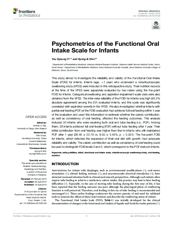 (PDF) Psychometrics of the Functional Oral Intake Scale for Infants
