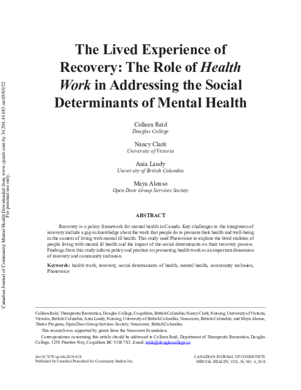 (PDF) The Lived Experience of Recovery: The Role of Health Work in Addressing the Social ...
