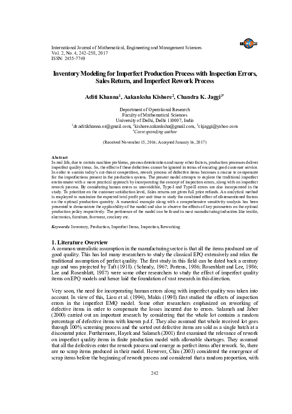 Pdf Inventory Modeling For Imperfect Production Process With Inspection Errors Sales Return
