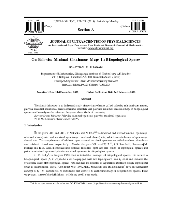 Pdf On Pairwise Minimal Continuous Maps In Bitopological Spaces