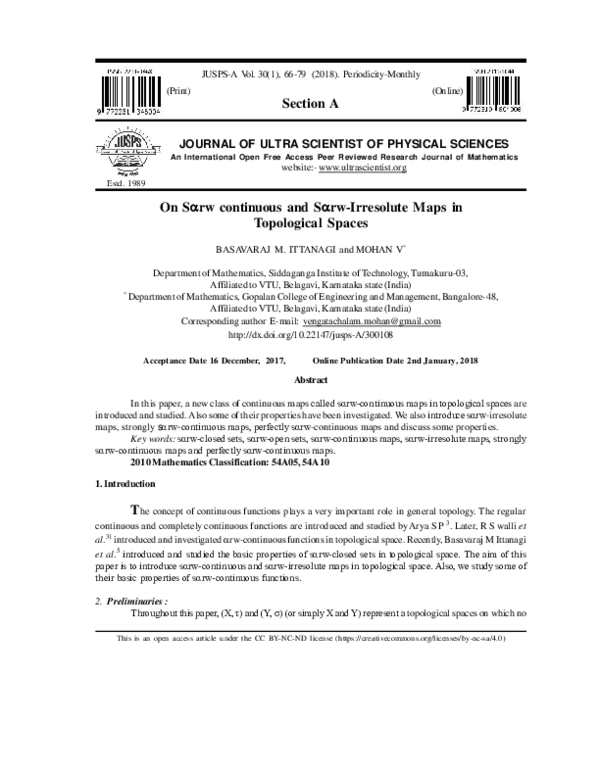 (PDF) On S rw continuous and S rw-Irresolute Maps in Topological Spaces