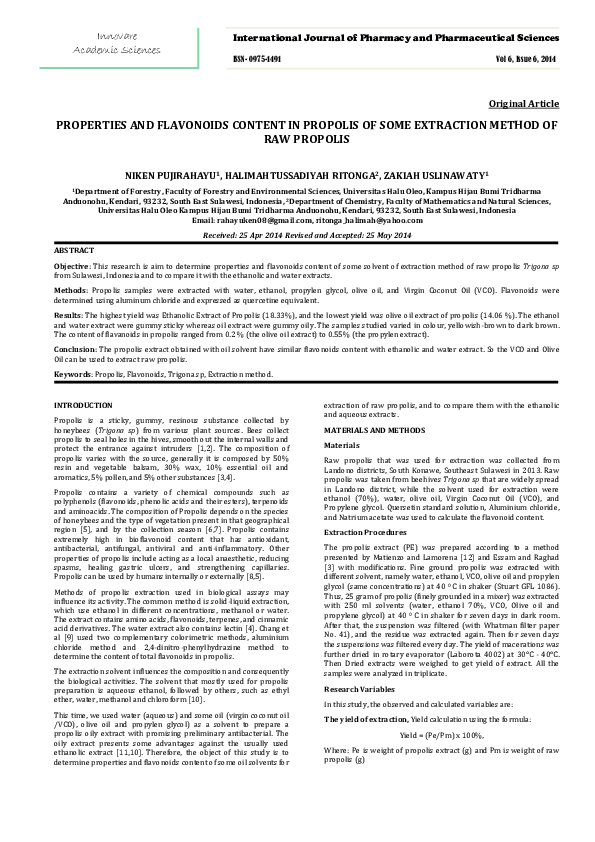 (PDF) PROPERTIES AND FLAVONOIDS CONTENT IN PROPOLIS OF SOME EXTRACTION ...