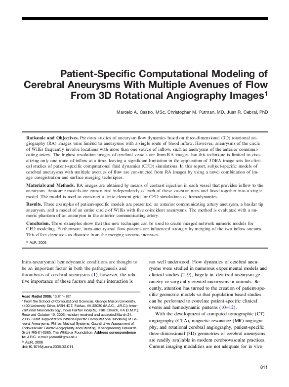 (PDF) Patient-Specific Computational Modeling of Cerebral Aneurysms With Multiple Avenues of ...