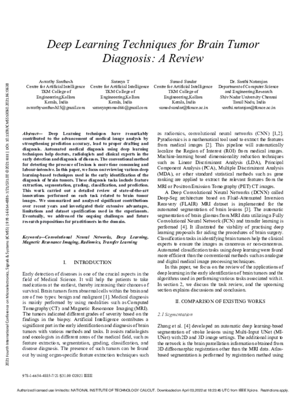 Pdf Deep Learning Techniques For Brain Tumor Diagnosis A Review