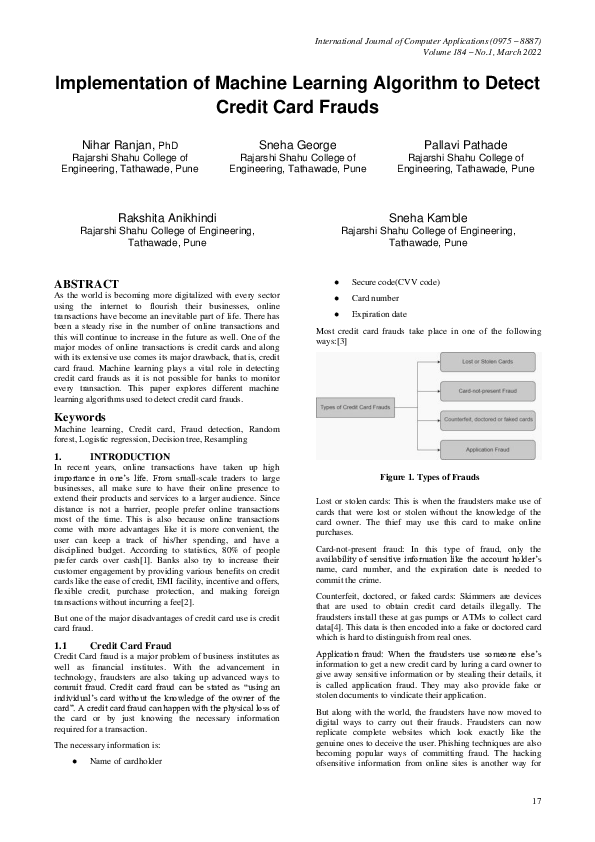 Pdf Implementation Of Machine Learning Algorithm To Detect Credit Card Frauds