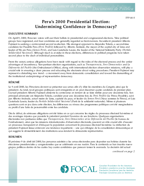 (PDF) Peru ’ s 2000 Presidential Election : Undermining Confidence in ...
