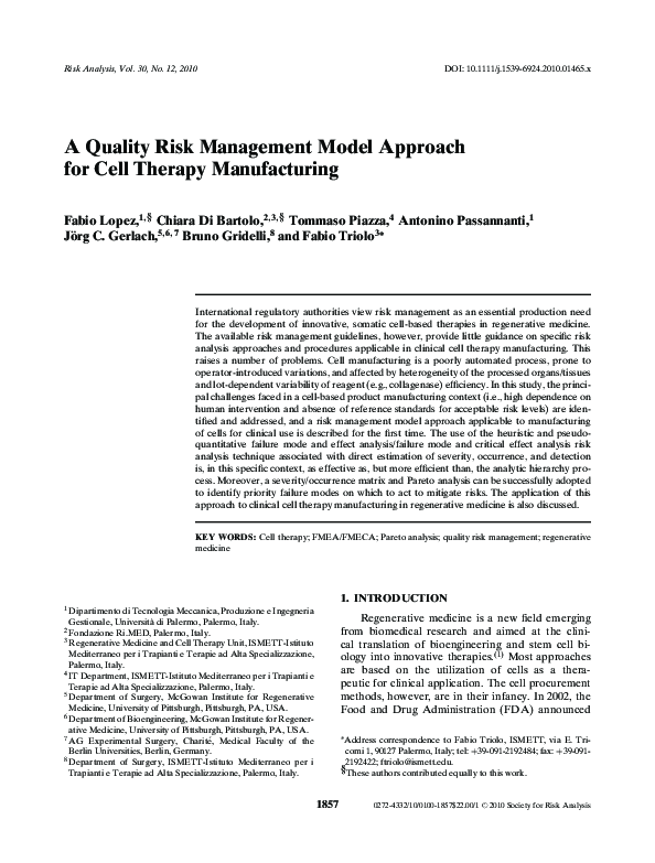 (PDF) Implementation of Quality Risk Management for Manufacturing of a ...