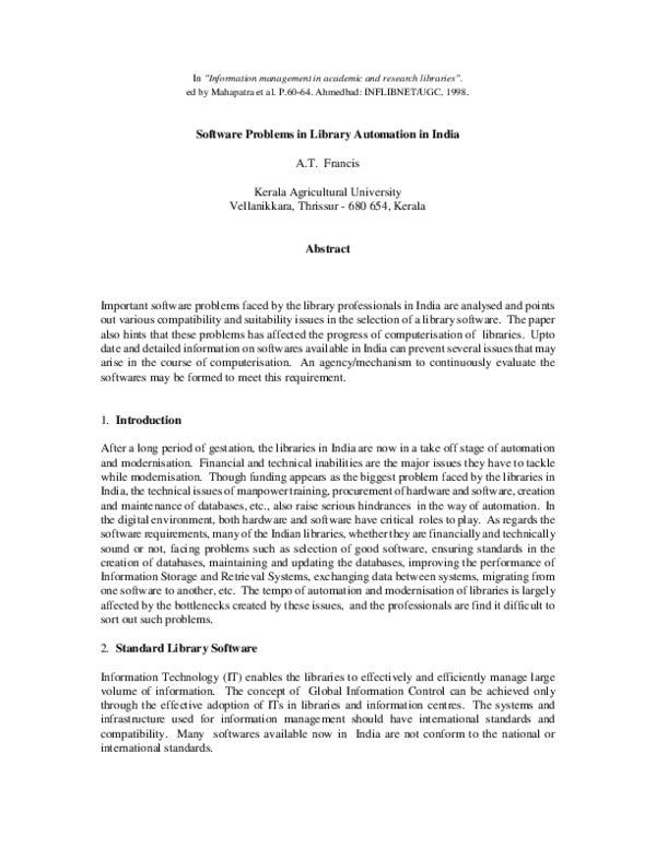 (PDF) Software problems in library automation in India