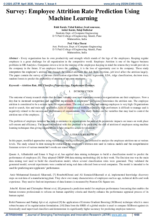 (PDF) Survey: Employee Attrition Rate Prediction Using Machine Learning