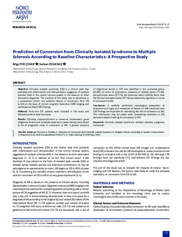 Pdf Prediction Of Conversion From Clinically Isolated Syndrome To Multiple Sclerosis According