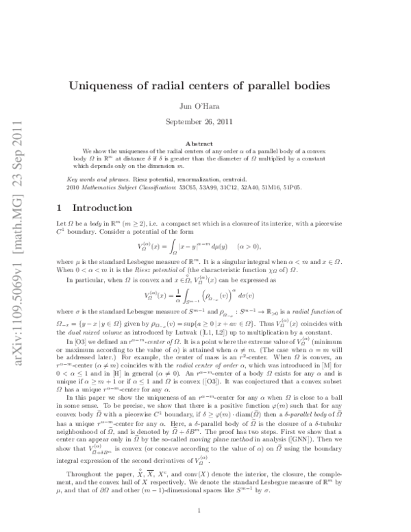 (PDF) Uniqueness of radial centers of parallel bodies | Jun O'Hara ... (PDF) Uniqueness of radial centers of parallel bodies | Jun O'Hara ...