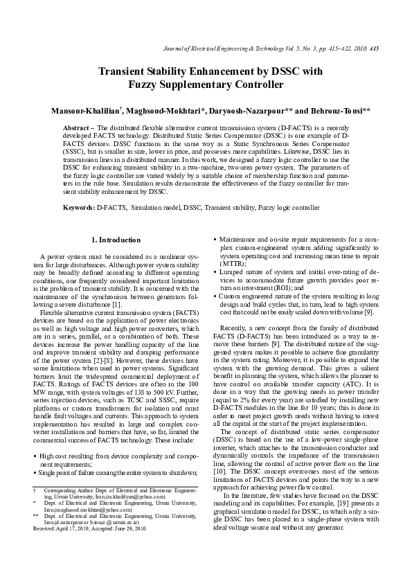 (PDF) Transient Stability Enhancement by DSSC with Fuzzy Supplementary Controller