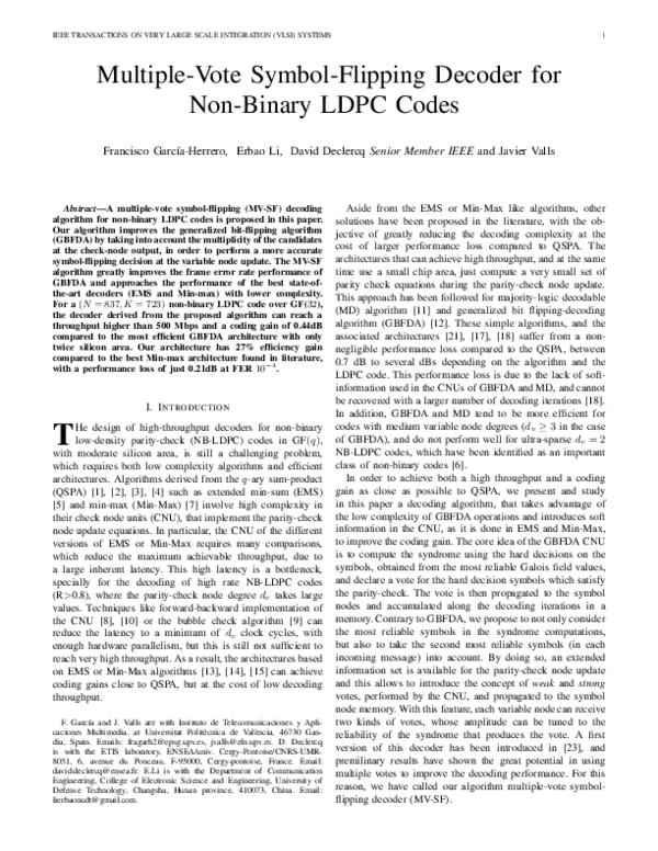 Pdf Multiple Vote Symbol Flipping Decoder For Nonbinary Ldpc Codes Javier Valls