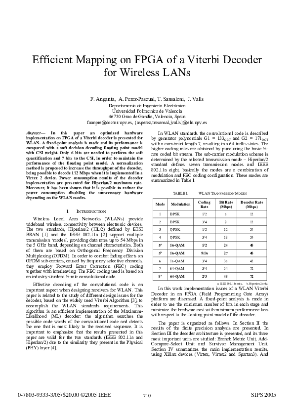 (PDF) Efficient mapping on FPGA of a viterbi decoder for wireless LANs