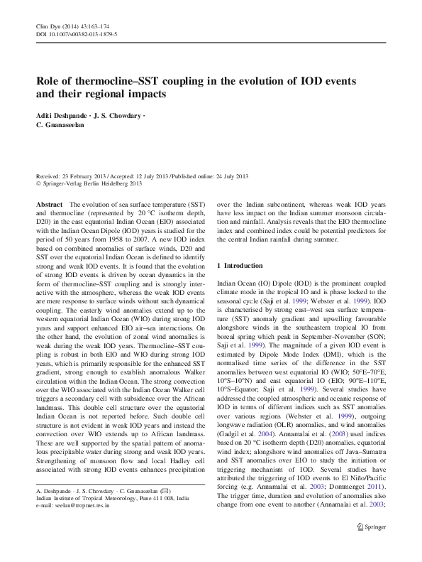 (PDF) Role of thermocline–SST coupling in the evolution of IOD events ...