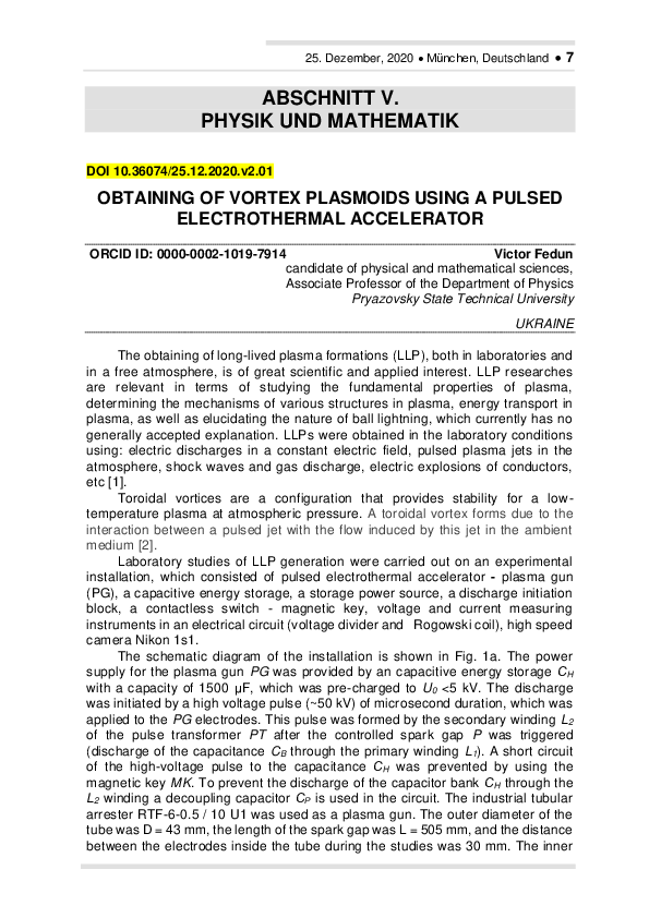 (PDF) Obtaining of Vortex Plasmoids Using a Pulsed Electrothermal ...