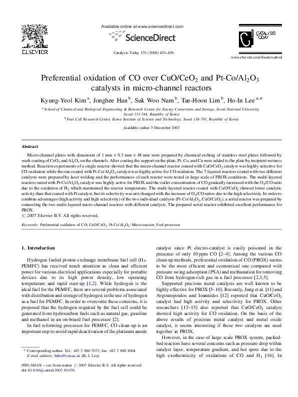 (PDF) Preferential oxidation of CO over CuO/CeO2 and Pt-Co/Al2O3 ...