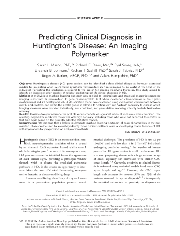 (PDF) Predicting clinical diagnosis in Huntington's disease: An imaging ...