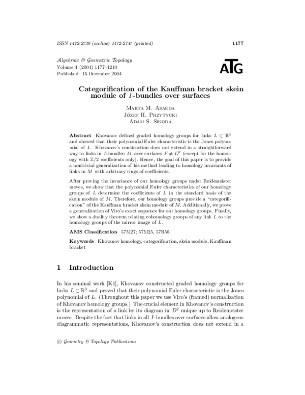 (PDF) Categorification of the Kauffman bracket skein module of I ...