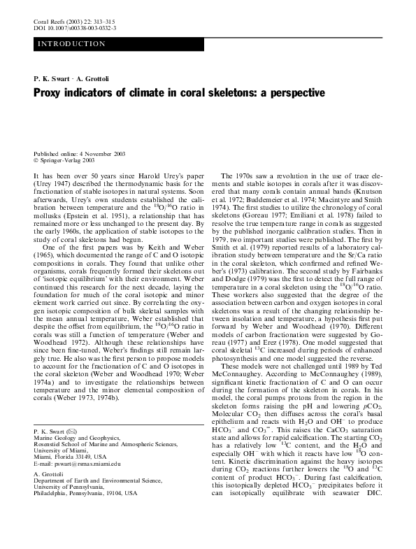 (PDF) Proxy indicators of climate in coral skeletons: a perspective