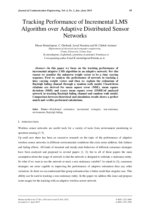 Pdf Tracking Performance Of Incremental Lms Algorithm Over Adaptive Distributed Sensor Networks