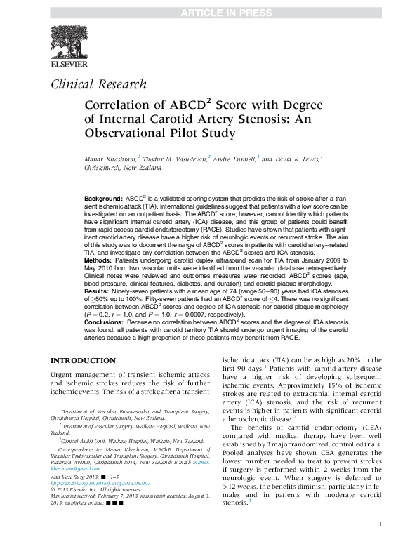 (PDF) Correlation of ABCD2 Score with Degree of Internal Carotid Artery ...
