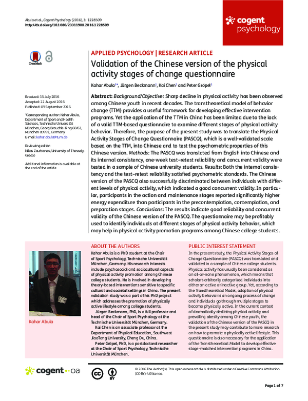 (PDF) Validation of the Chinese version of the physical activity stages ...