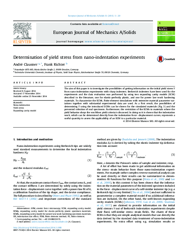 (PDF) Determination of yield stress from nano-indentation experiments