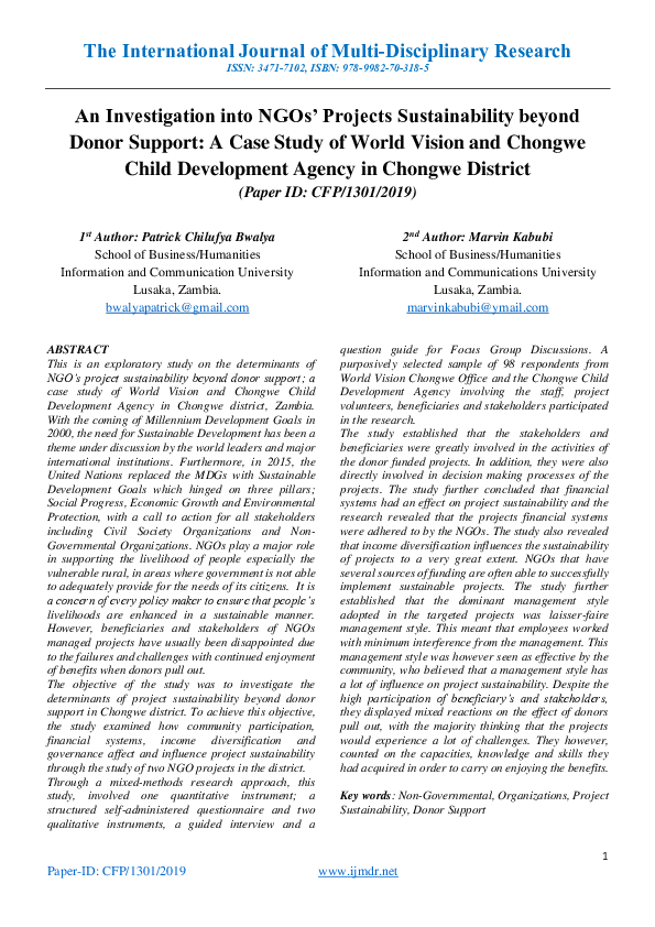 (PDF) An Investigation into NGOs’ Projects Sustainability beyond Donor ...