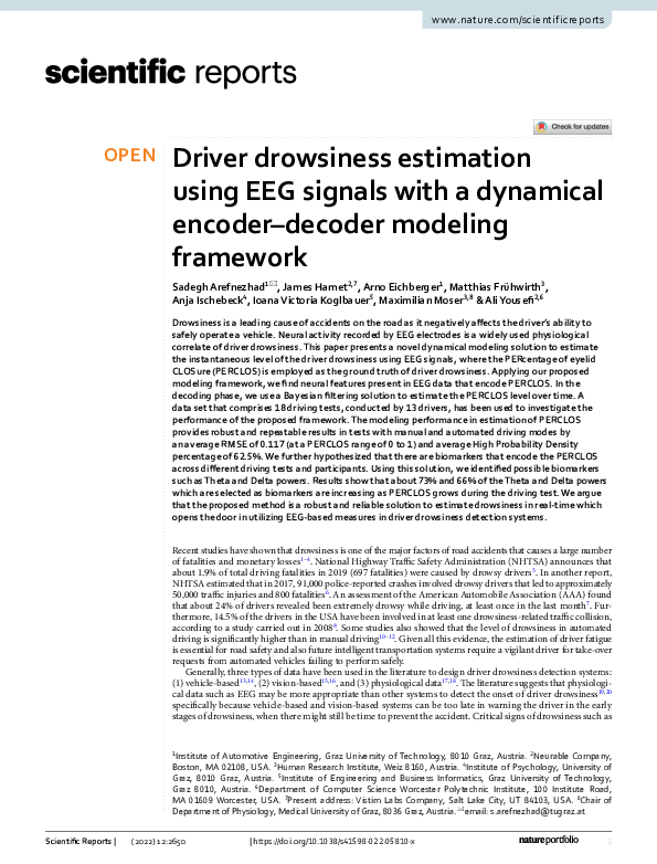 Pdf Driver Drowsiness Estimation Using Eeg Signals With A Dynamical Encoderdecoder Modeling