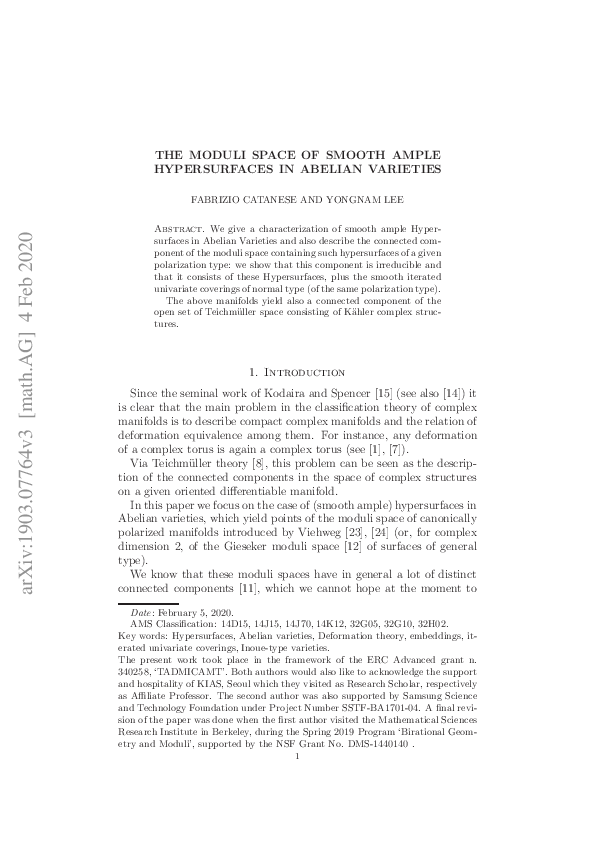 (PDF) The moduli space of smooth ample hypersurfaces in Abelian varieties