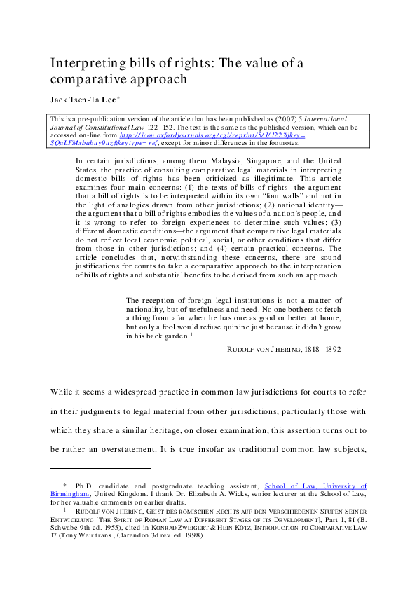(PDF) Interpreting bills of rights: The value of a comparative approach
