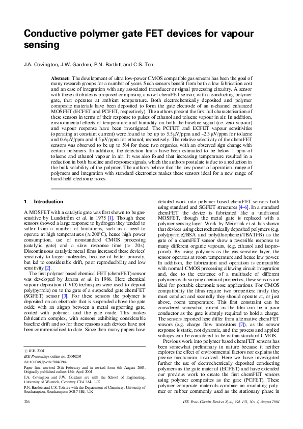 (PDF) Conductive polymer gate FET devices for vapour sensing