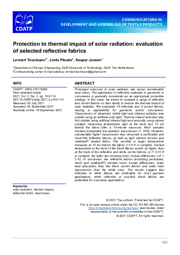 (PDF) Protection to thermal impact of solar radiation: evaluation of ...