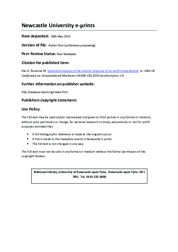 Pdf Numerical Analysis Of The Seismic Response Of An Earth Embankment