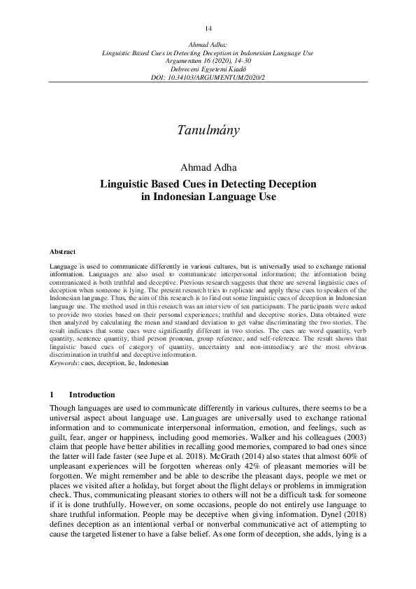 (PDF) Linguistic Based Cues in Detecting Deception in Indonesian Language Use